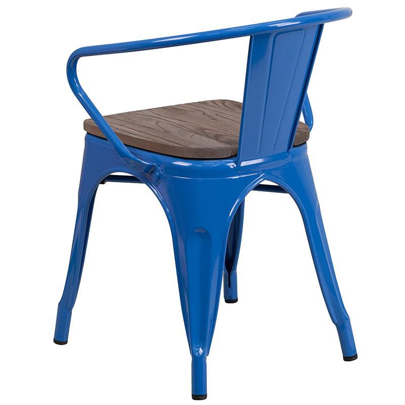 Blue Metal Chair with Wood Seat and Arms – Wholesale Bar Stool Club